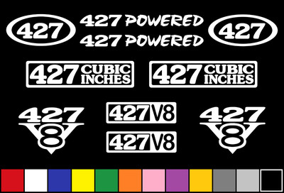 427 CI V8 POWERED 10 DECAL SET ENGINE STICKERS EMBLEMS FENDER BADGE ...
