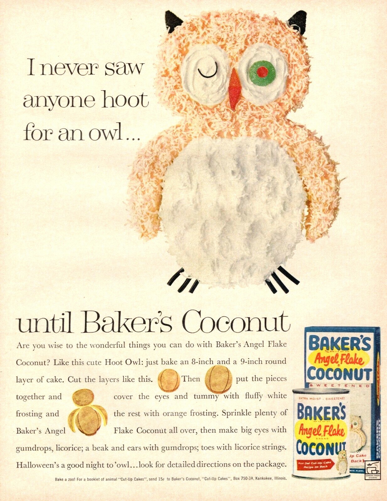 1967 vintage baking AD for BAKER'S COCONUT Angel Flake ,, Hoot Owl ...