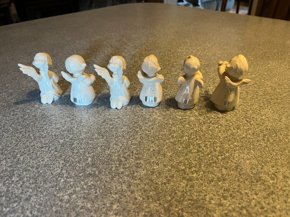 6 GOEBEL West Germany White 3" ANGELS 4 playing instruments 2 praying ...