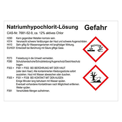 GHS Aufkleber Gefahrstoffetikett Natriumhypochlorit-Lösung 74x52 mm ...