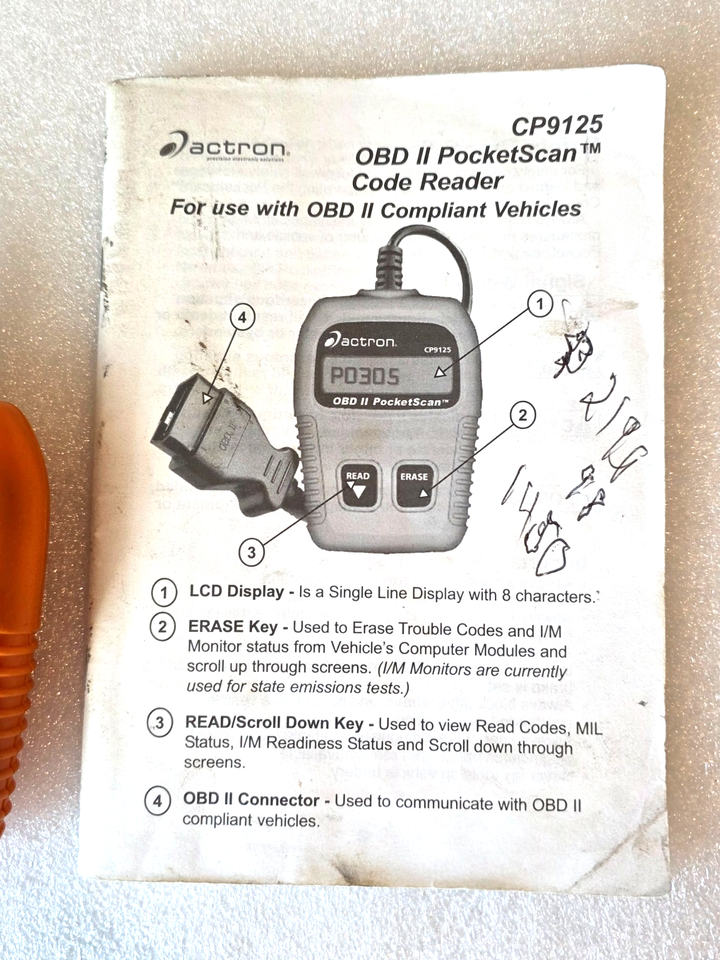Actron CP9125 OBD II 2 PocketScan Code Reader LCD Display Erase Key ...