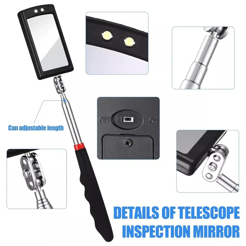 Inspection Mirror LED Lighted Mechanic Telescoping illuminate Swivel ...
