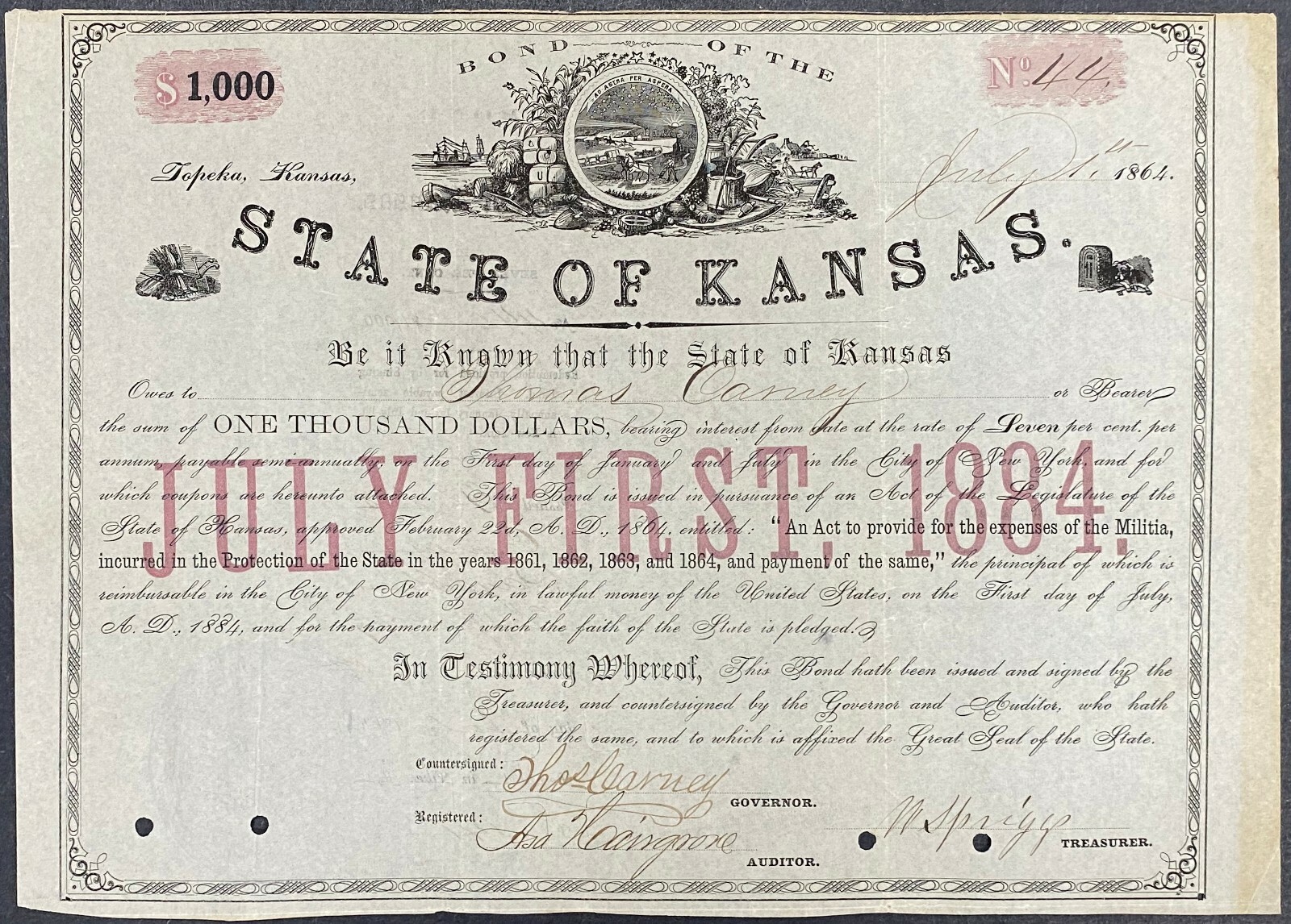 1864 $1000 State of Kansas Bond – Serial No. 44 | eBay