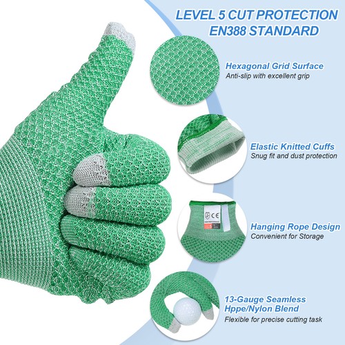 4 Pair Level 5 Protection Cut Resistant Gloves Touchscreen, Green ...