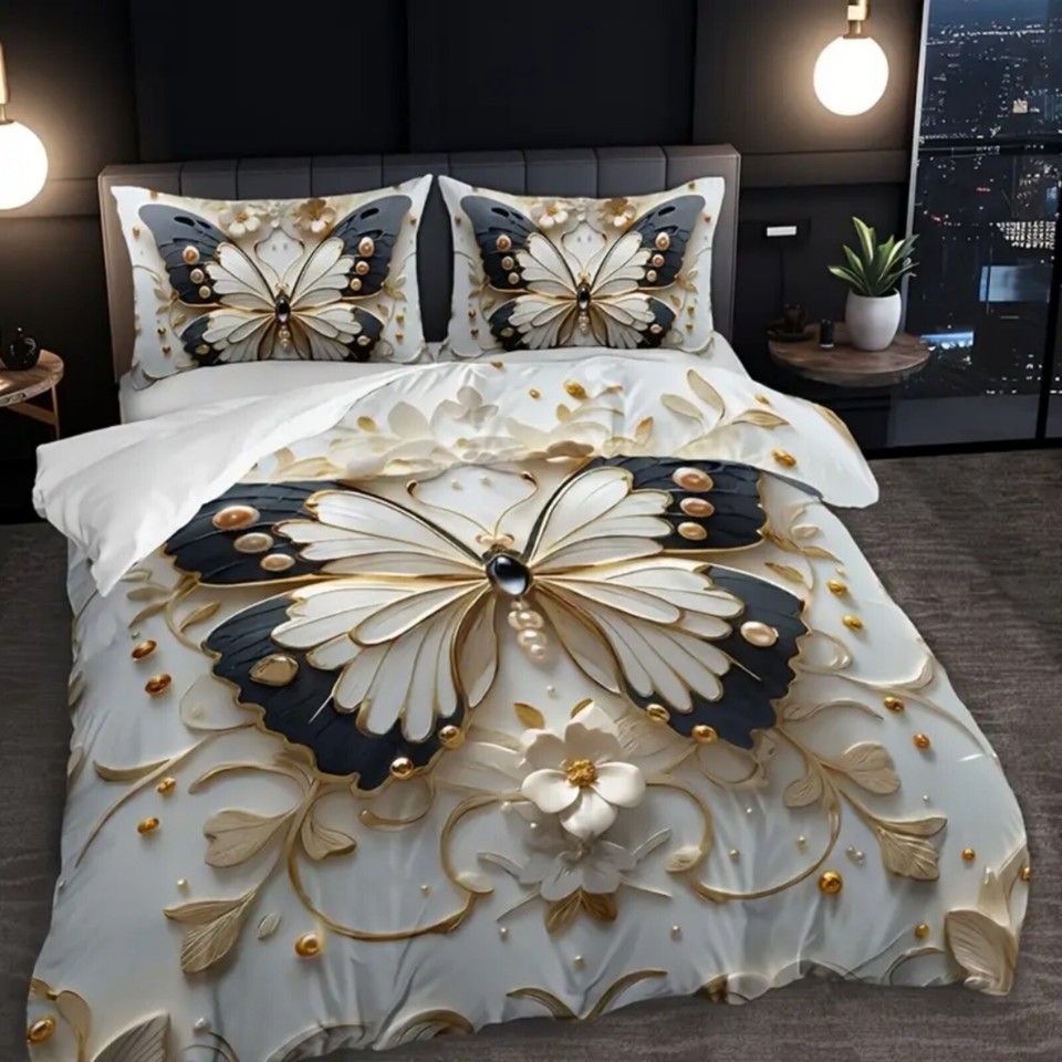 3pcs Butterfly Floral Duvet Cover Set 1 Duvet Cover 2 Pillowcases ...