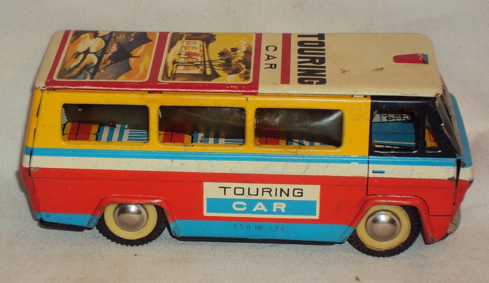 VINTAGE FRICTION TIN PLATE TOY TOURING CAR TOURIST COACH SCHIZO ...
