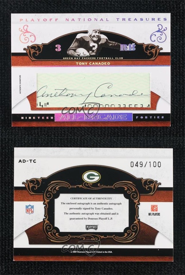 2007 Playoff National Treasures All Decade Cut Signatures Tony Canadeo ...