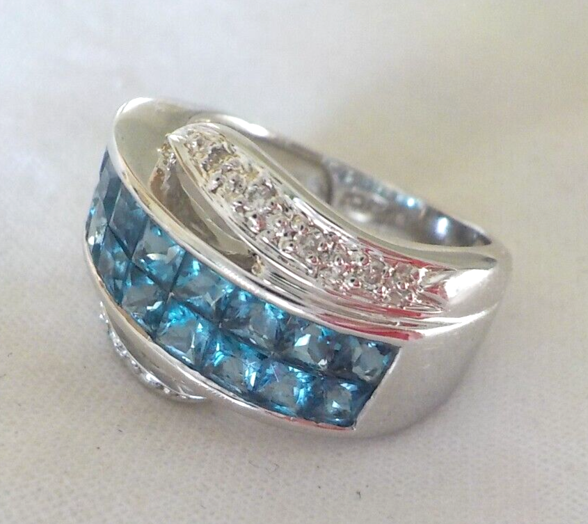 John C Rinker 14k White Gold London Topaz Diamond Ring - 6.17 gms, Sz 5 ...