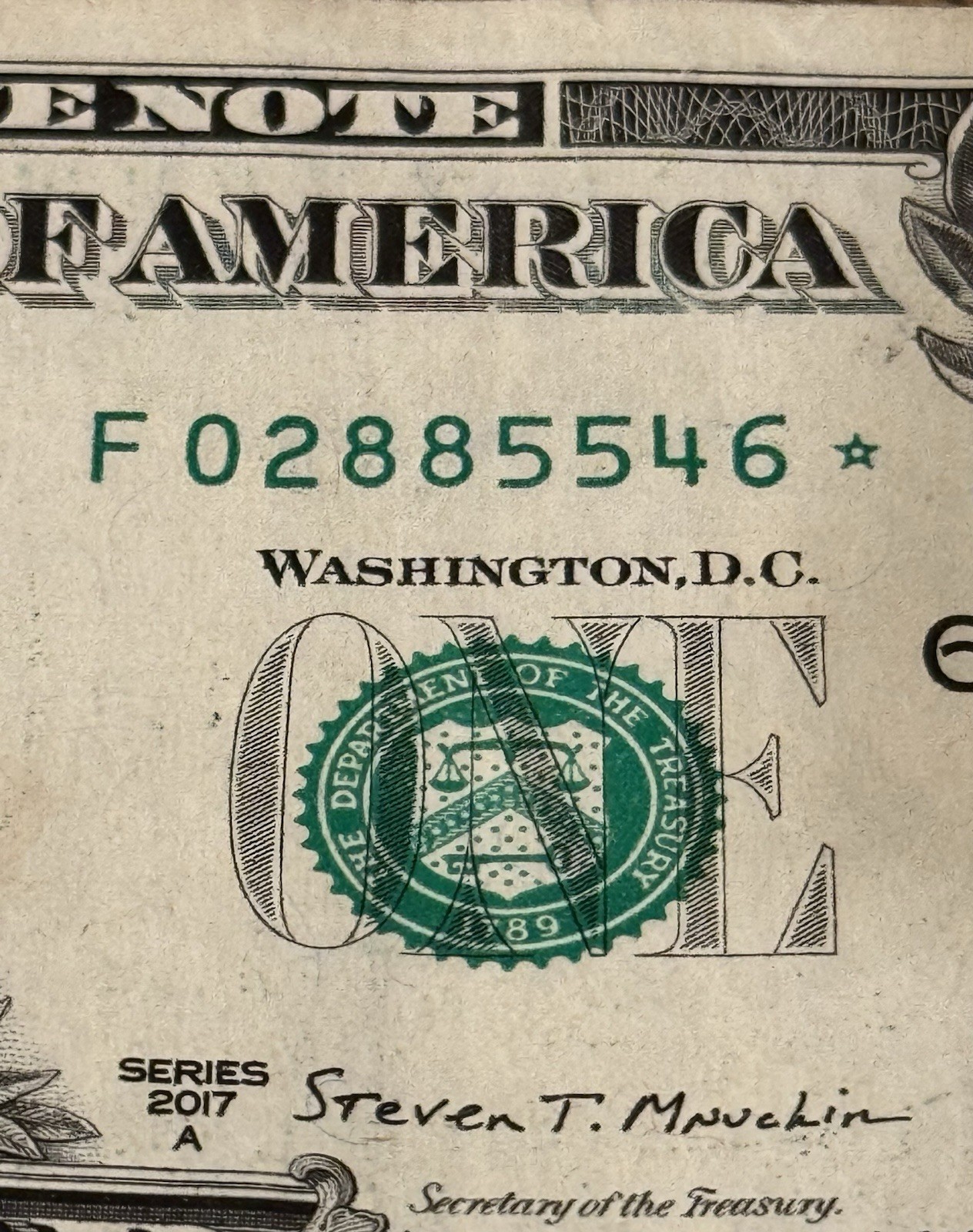 $1 Dollar Bill Star Note Replacement Note Series 2017A Federal Reserve ...