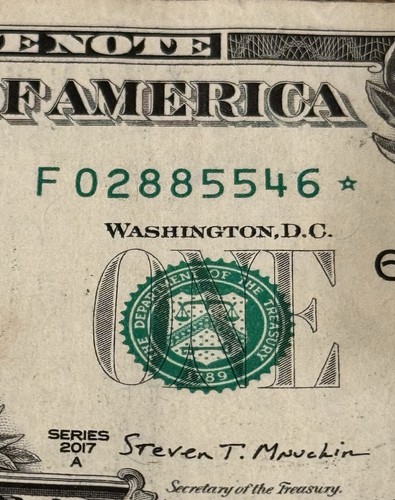 $1 Dollar Bill Star Note Replacement Note Series 2017A Federal Reserve ...