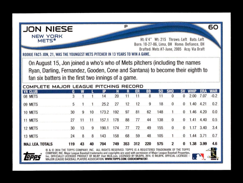 2014 Topps Jonathon Niese #NYM-11 | eBay