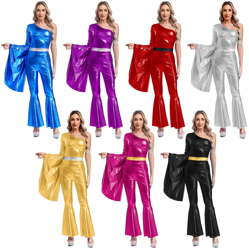 UK Women's 70s Disco Costume One Shoulder Shiny Romper Metallic Disco ...