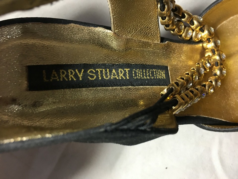 Sz 7.5 M Larry Stuart Collection Black Fabric Slingback With Gold Tone ...