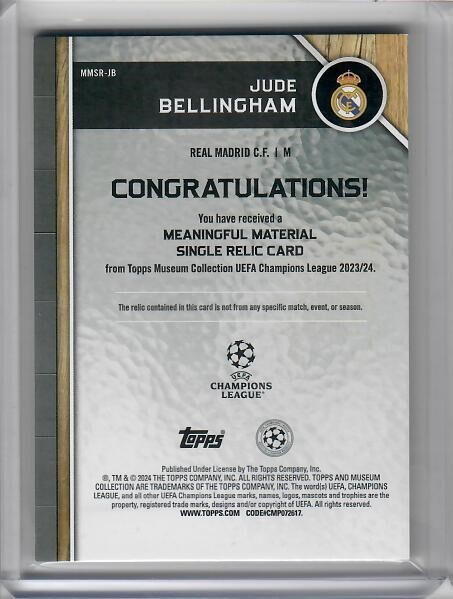 2023-24 Topps Museum UEFA Meaningful Material JUDE BELLINGHAM Relic ...
