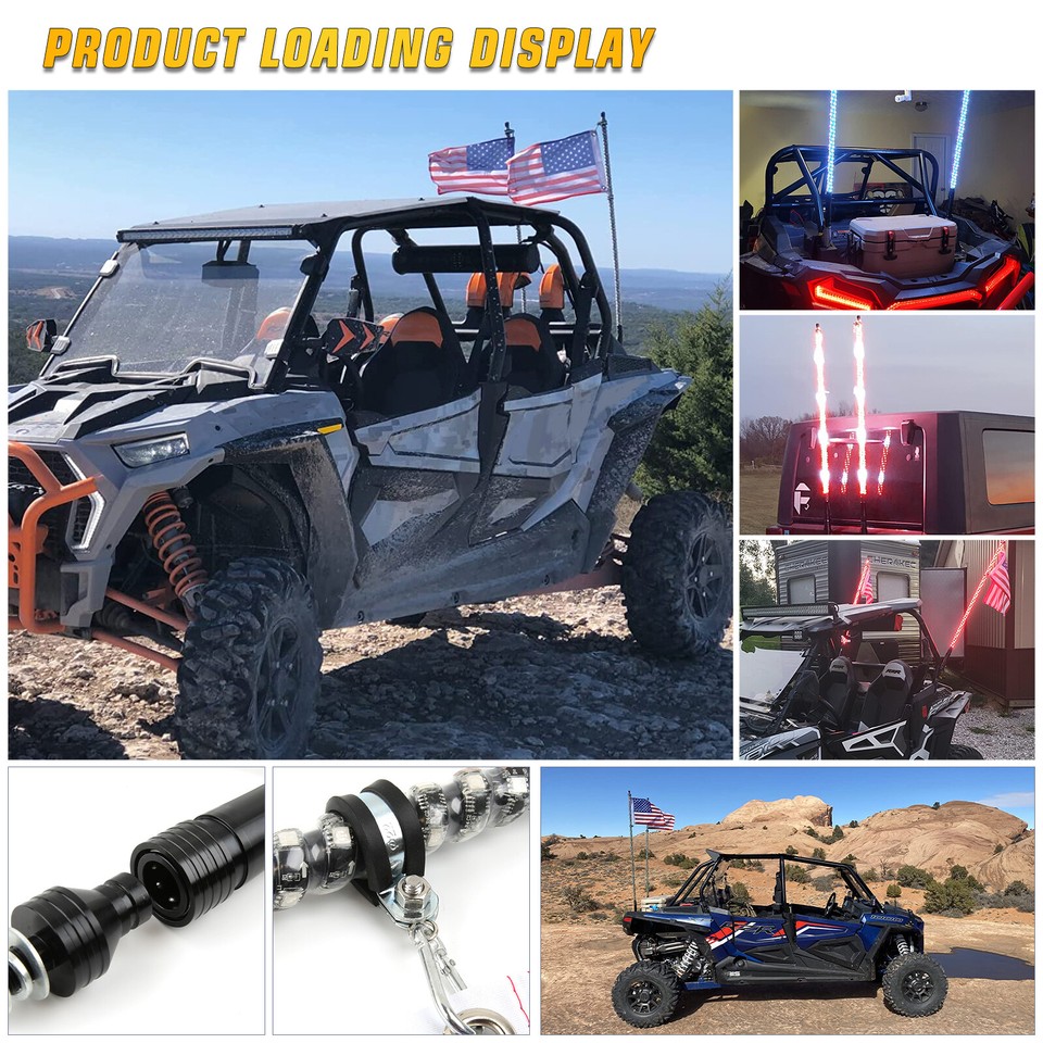 2PCS 3FT RGB Spiral LED Whip Light + US Flag Antenna Chase For RZR UTV ...