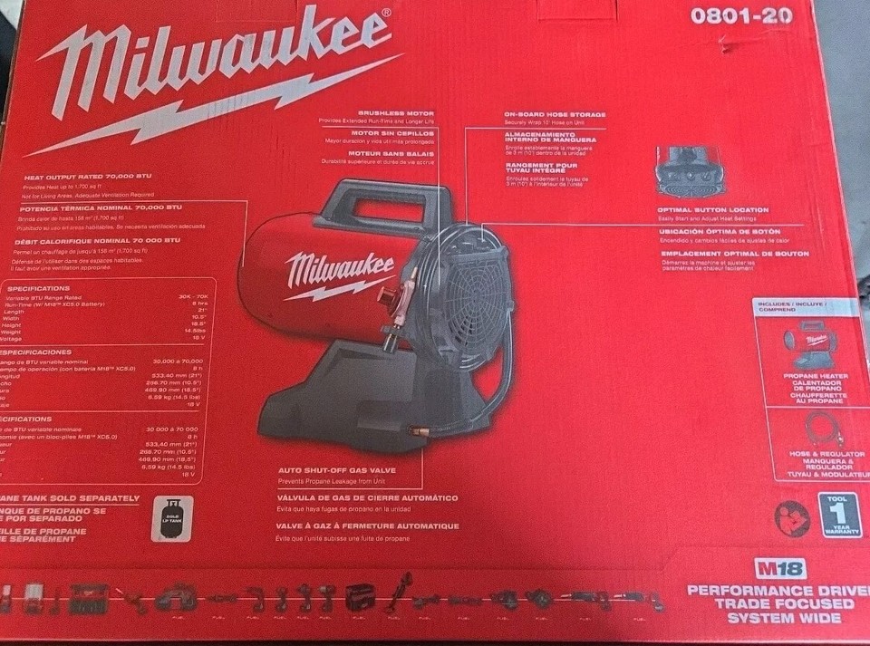 New In Box Milwaukee M18 0801-20 Propane Heater Forced Air 70000 Btu ...