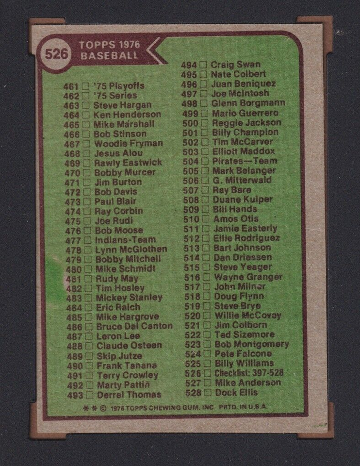 1976 Topps BASEBALL #526 Checklist 397-528 - Un-Marked - ExMT - 081 - 🔥 ...