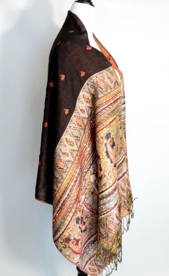 Mavish Cotton Wool Scarf Shawl Black Orange Paisley Made in Turkey Knot ...