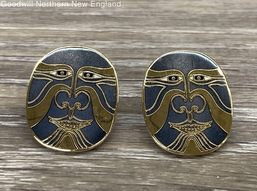 Laurel Burch Costume Gold Tone Stud Earrings Tribal Face Eiko Mask 3/4 ...