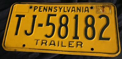BG932 Vtg Pennsylvania PA Trailer License Plate Tag #TJ-58182 | eBay