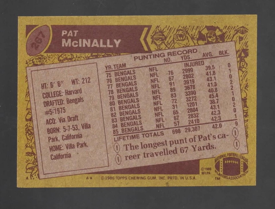 1986 Topps Pat McInally Cincinnati Bengals #267 Near Mint or Better | eBay