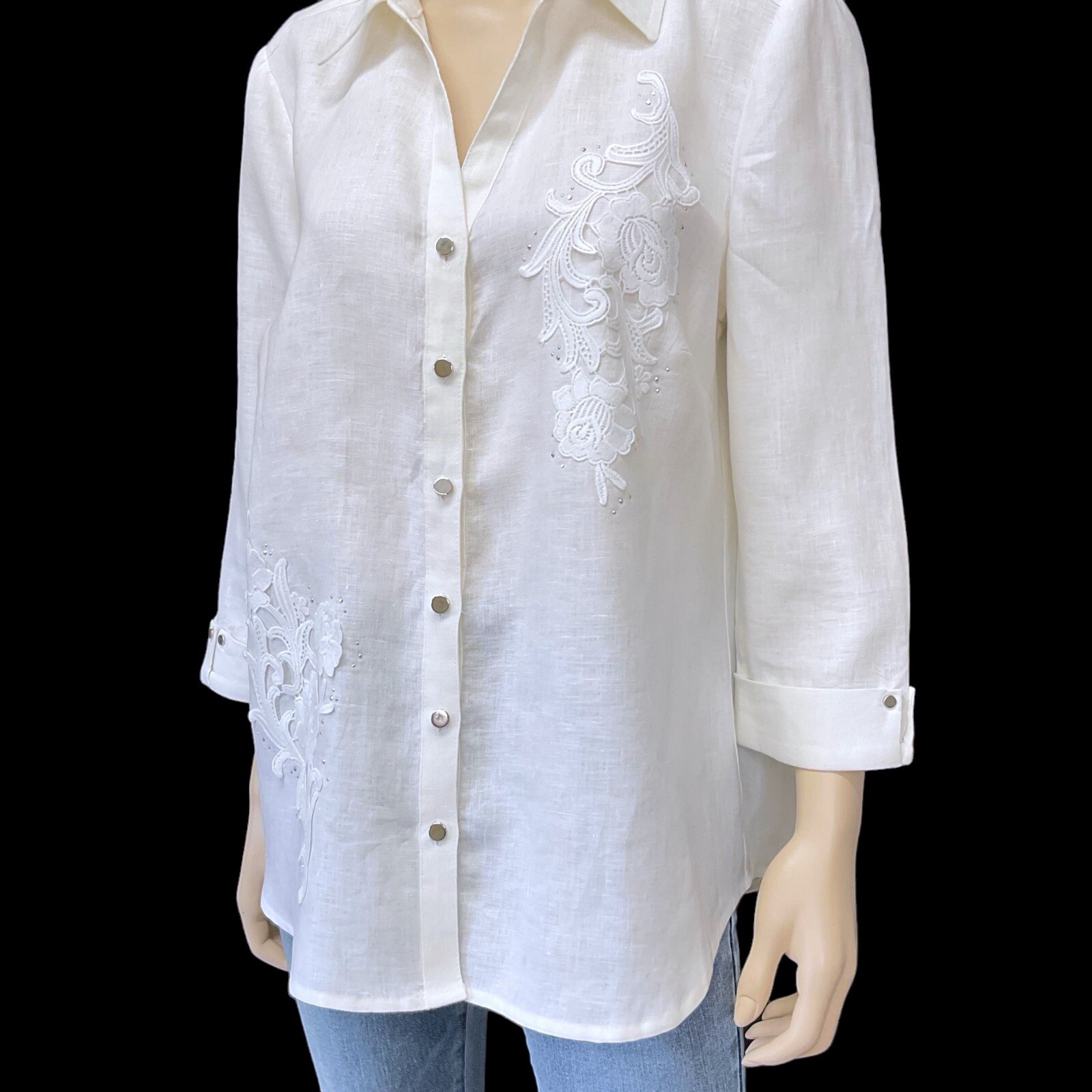 JM Collection Women Ivory Linen Embellished 3/4 Sleeve Button Down ...