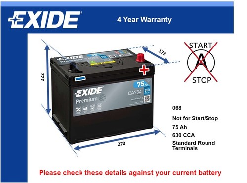 Car Battery EA754 Exide 068 630A 75Ah 4Yr Warranty 270x173x222 Premium ...