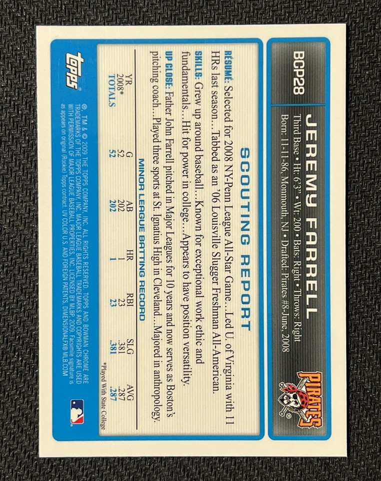 2009 Bowman Chrome Prospects #BCP28 Jeremy Farrell Pittsburgh Pirates ...