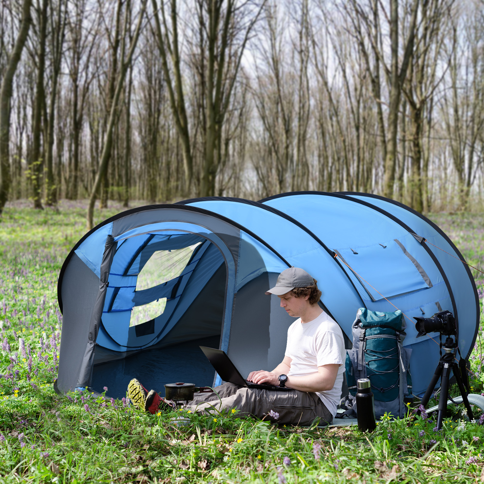 Outsunny Camping Tent Dome Pop-up Tent with Windows for 4-5 Person Sky ...