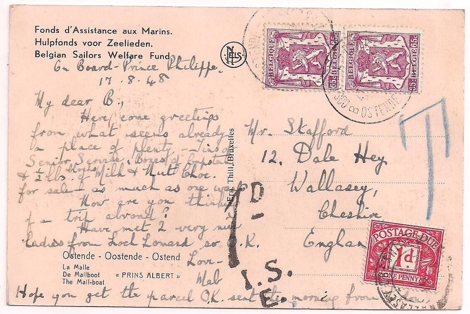 OSTENDE BELGIUM Postcard HMS PRINS ALBERT, to WALLASEY, CHESHIRE ...