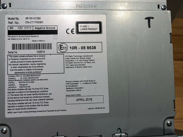 2018 Toyota Tundra Am FM JBL Navigation Radio Receiver 510210 OEM 86100 ...