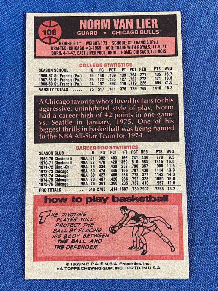 1976-77 Topps Norm Van Lier Basketball Card #108 Chicago Bulls (B) | eBay
