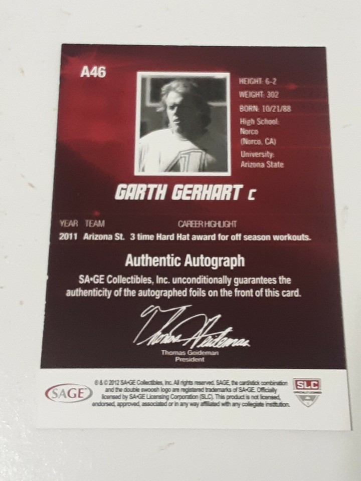Garth Gerhart Packers Panthers Browns 2012 Sage Hit Certified Autograph ...