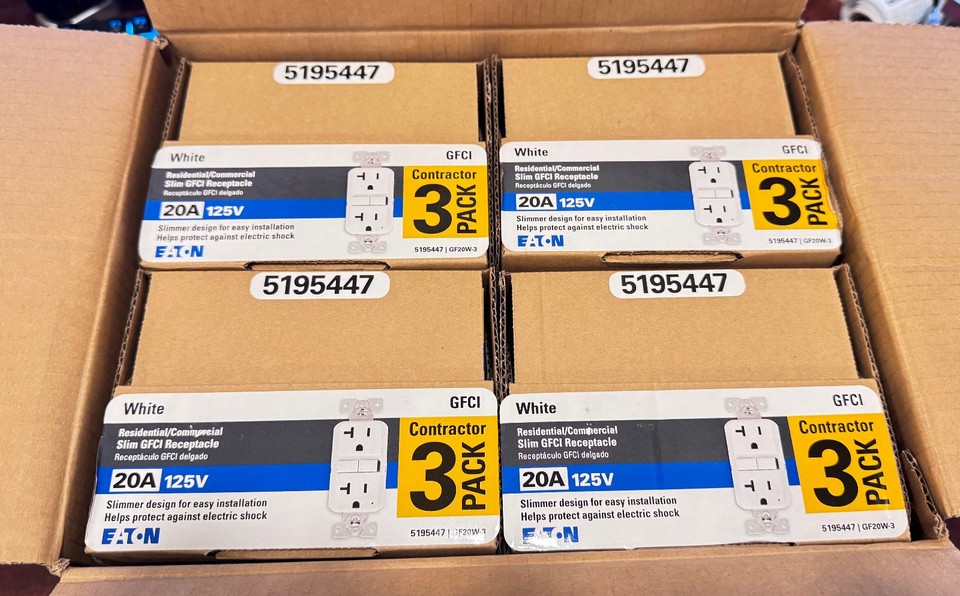 60-Pack Eaton 20A 125V GFCI Outlets, White Slim Design Duplex ...