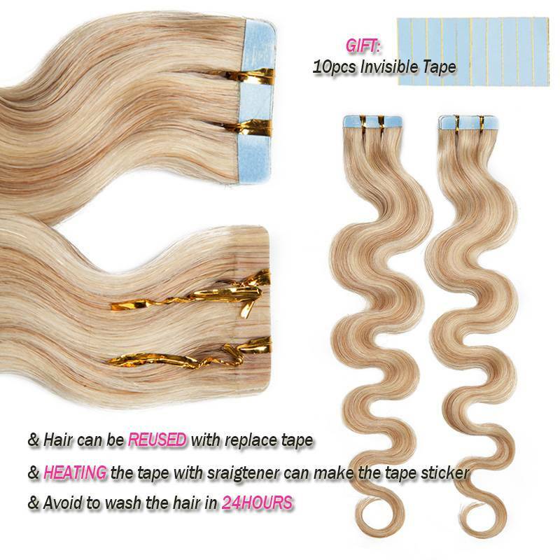 Invisible Body Wave Tape In Remy Human Hair Extensions Skin Weft THICK ...
