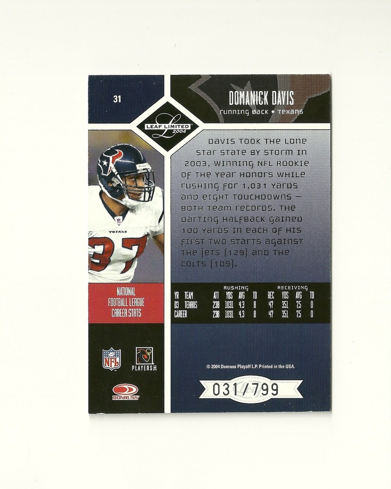 2004 Leaf Limited #31 Domanick Davis /799 Houston Texans LSU Tigers | eBay