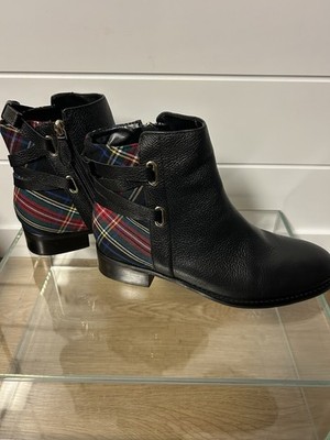 Talbots Ankle Boots Black Leather Size 8.5 Tish Tie Pebble Plaid Fabric ...