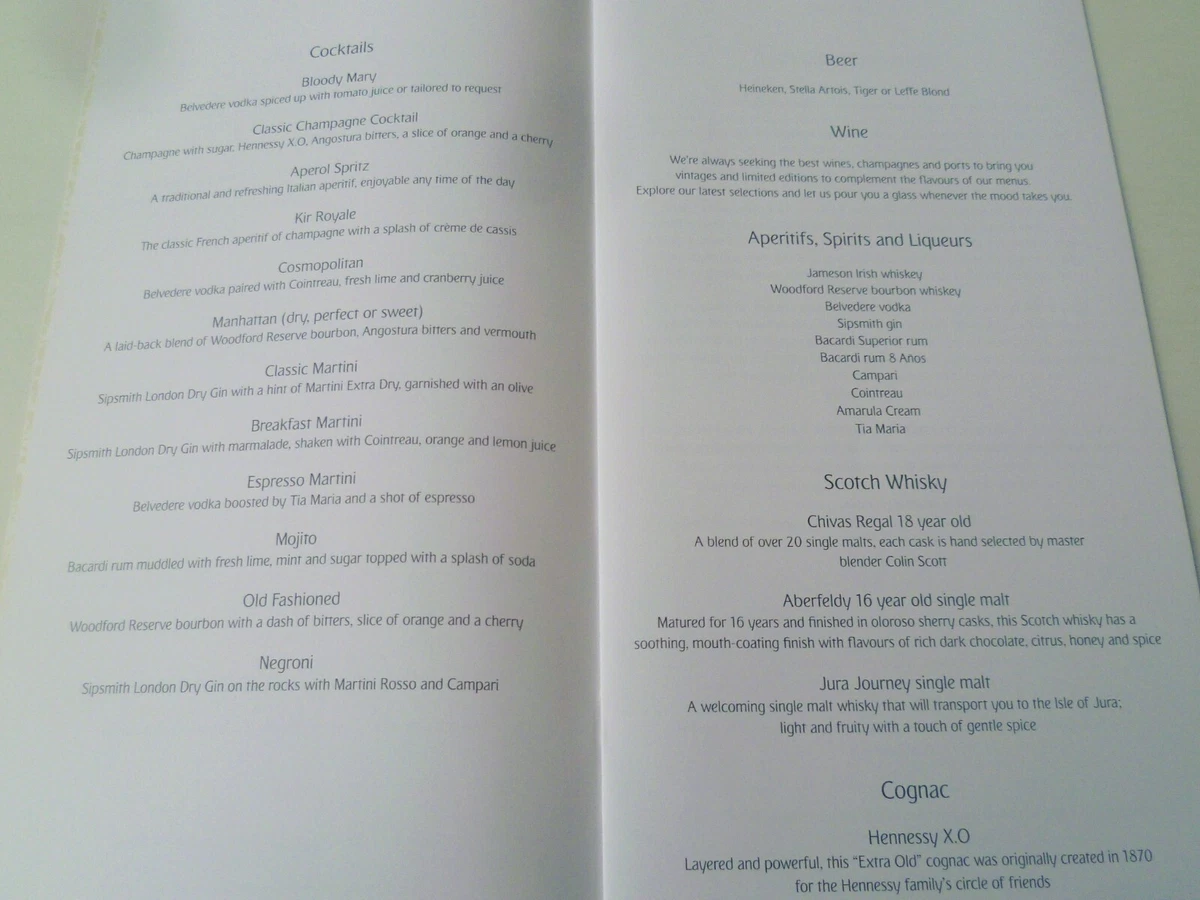 Emirates Business Class Menu