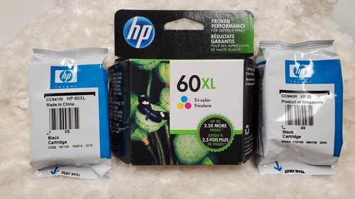 Lot of 3- HP 60XL Black 60XL Tri-Color and 60 Black Ink Cartridges ...