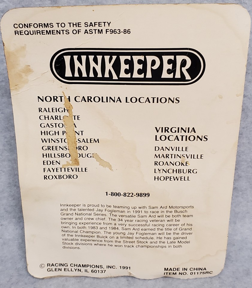 1991 RACING CHAMPIONS # 5 JAY FOGLEMAN NASCAR (INNKEEPER) 1/64 DIECAST ...