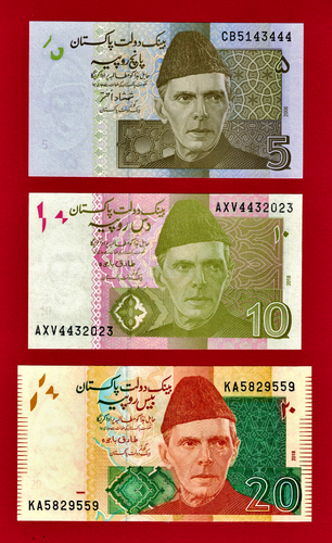 SET OF THREE PAKISTAN UNC NOTES - 5 Rupees 2008, 10 Rupees 2018 & 20 ...