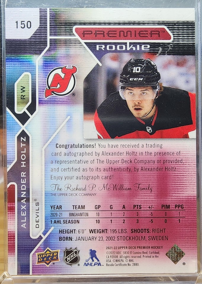 2021-22 Upper Deck Premier Rookies Auto Alexander Holtz #150 Rookie ...