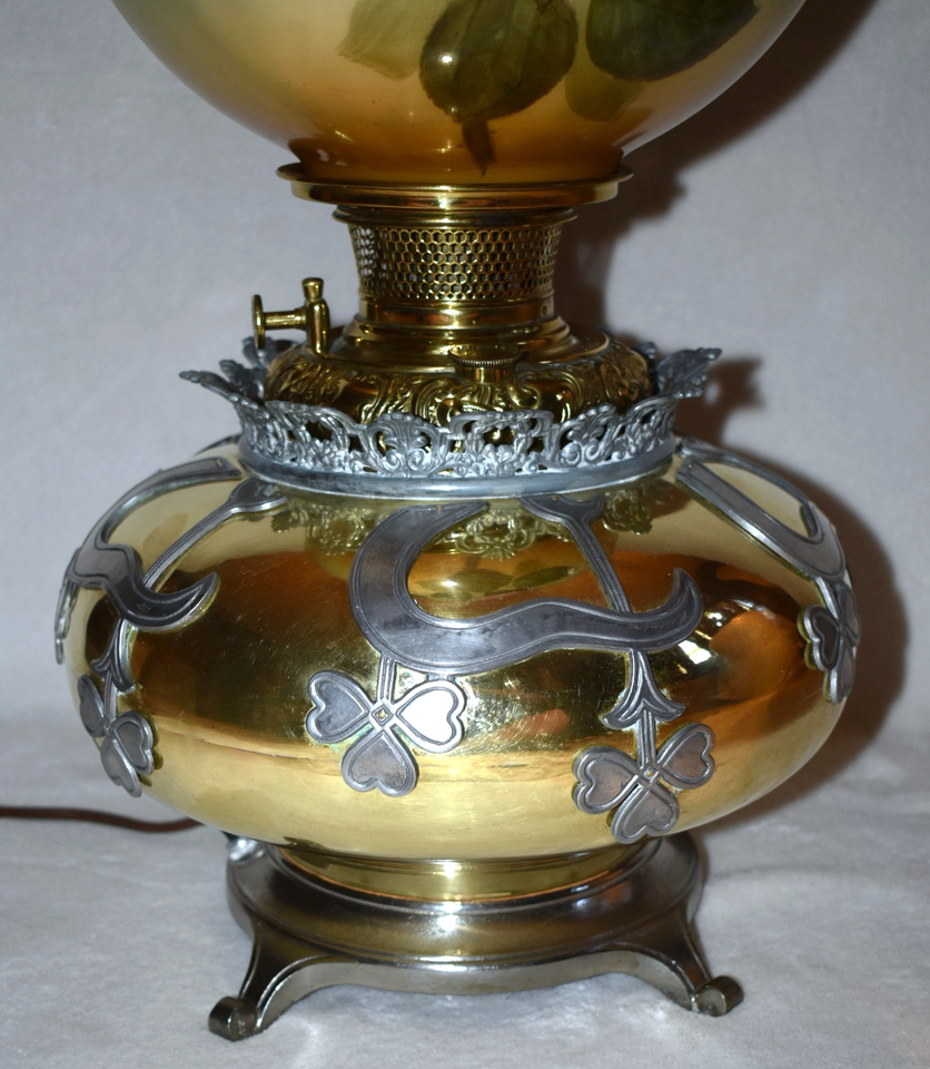 ANTIQUE B&H CLOVER GWTW PARLOR LAMP HAND PAINTED ROSE SHADE 1895 ...