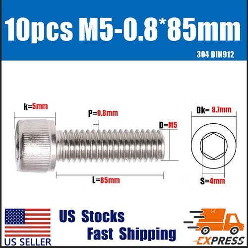 10PCS New M5 X 85mm 304 Stainless Steel Allen Hex Socket Cap Head ...