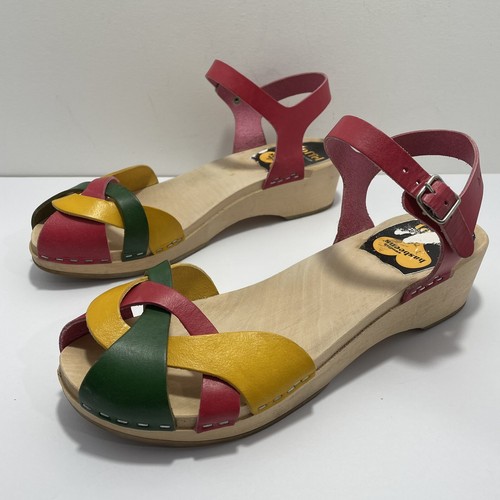 Swedish Hasbeens Toffel Peep Toe Wood Clog Sandal Colorful Leather ...