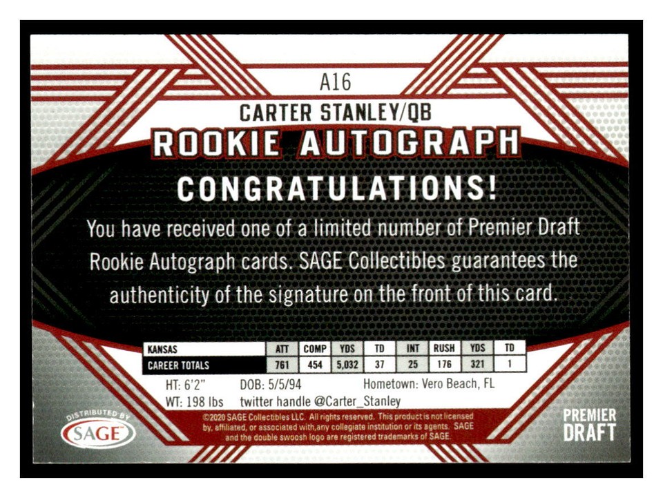 Carter Stanley 2020 SAGE HIT A16 AU Rookie Autographs Red Auto | eBay
