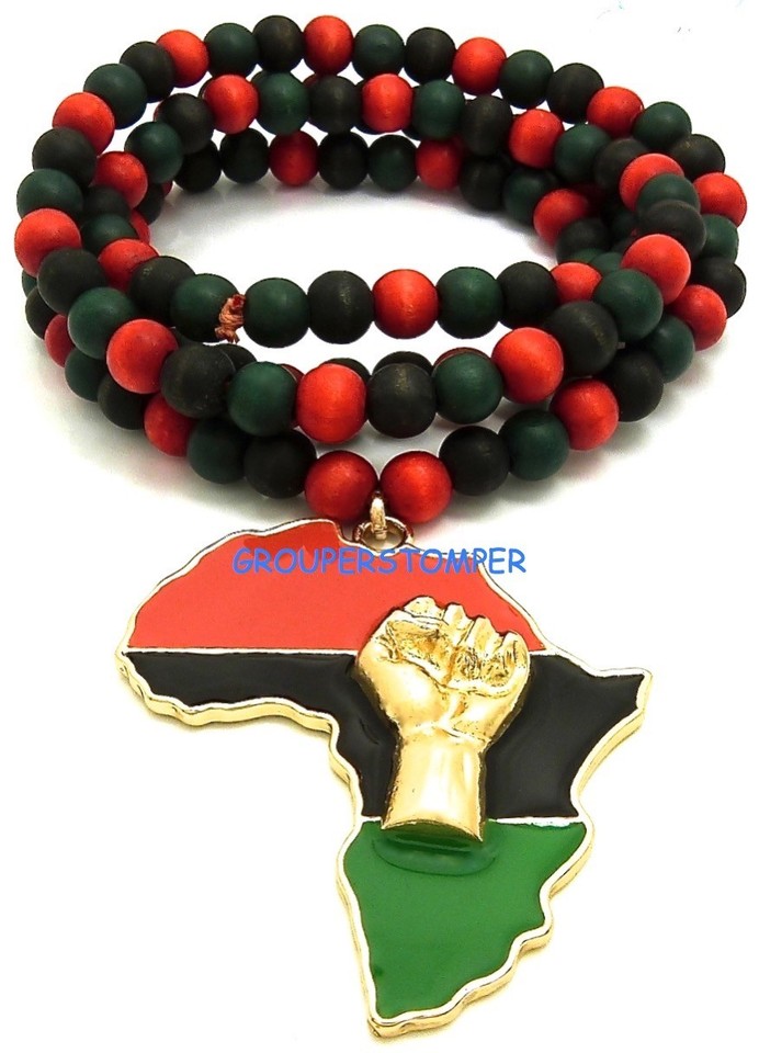 Power Fist On Pan-African Africa Pendant Necklace 36" Long 8mm Wood ...