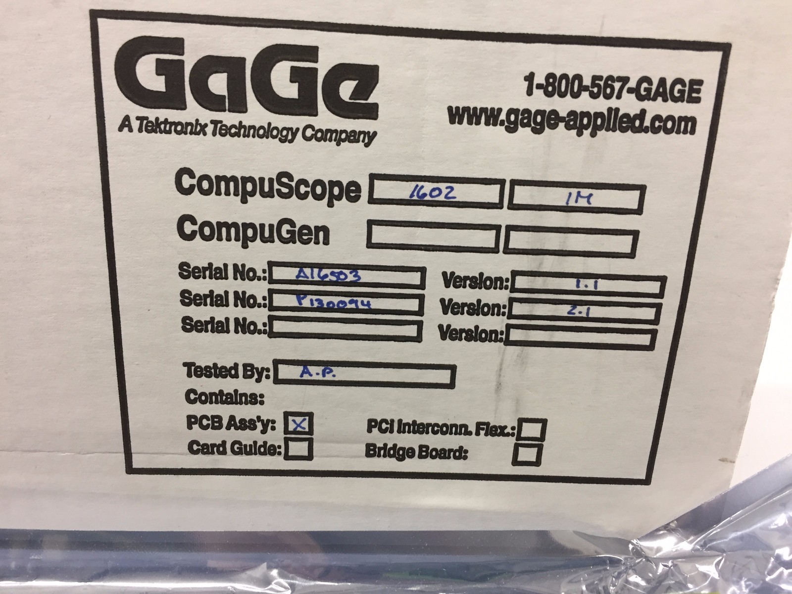 GAGE 1620 COMPUSCOPE 16 BIT 2.5MS/S DUAL CHANNEL A/D AND O-SCOPE CARD ...