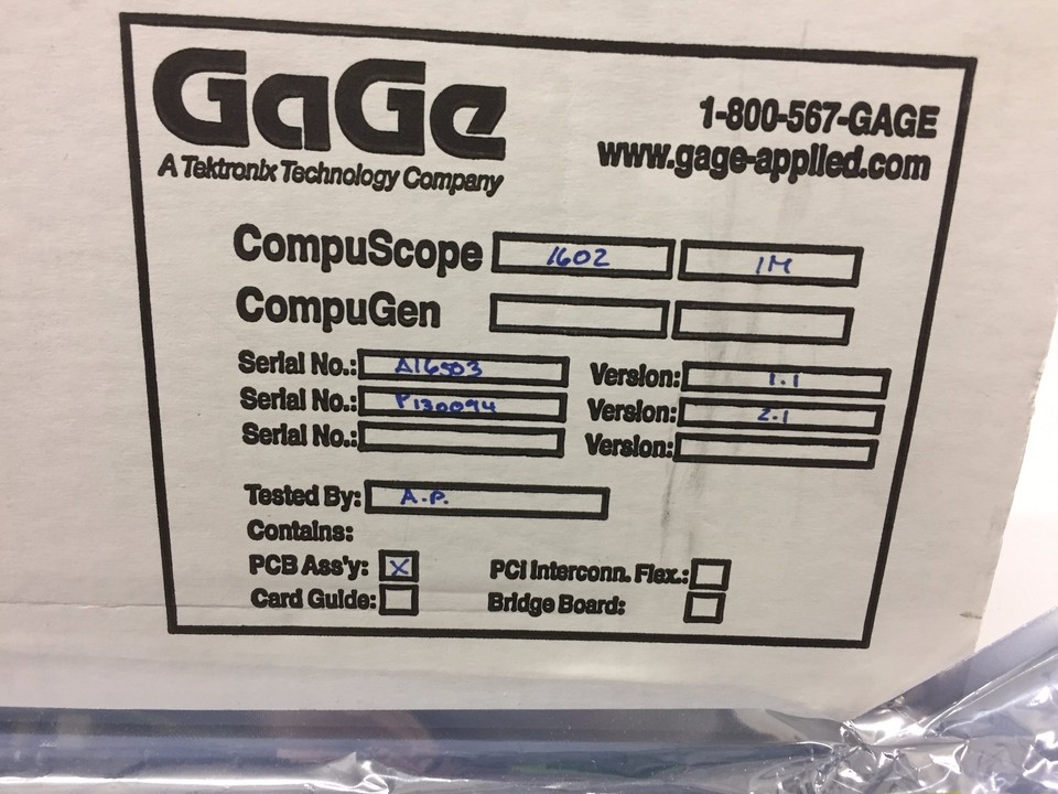 GAGE 1620 COMPUSCOPE 16 BIT 2.5MS/S DUAL CHANNEL A/D AND O-SCOPE CARD ...