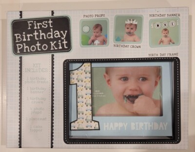 First Birthday Photo Kit Boy Frame Photo Props Banner Cake Topper | eBay